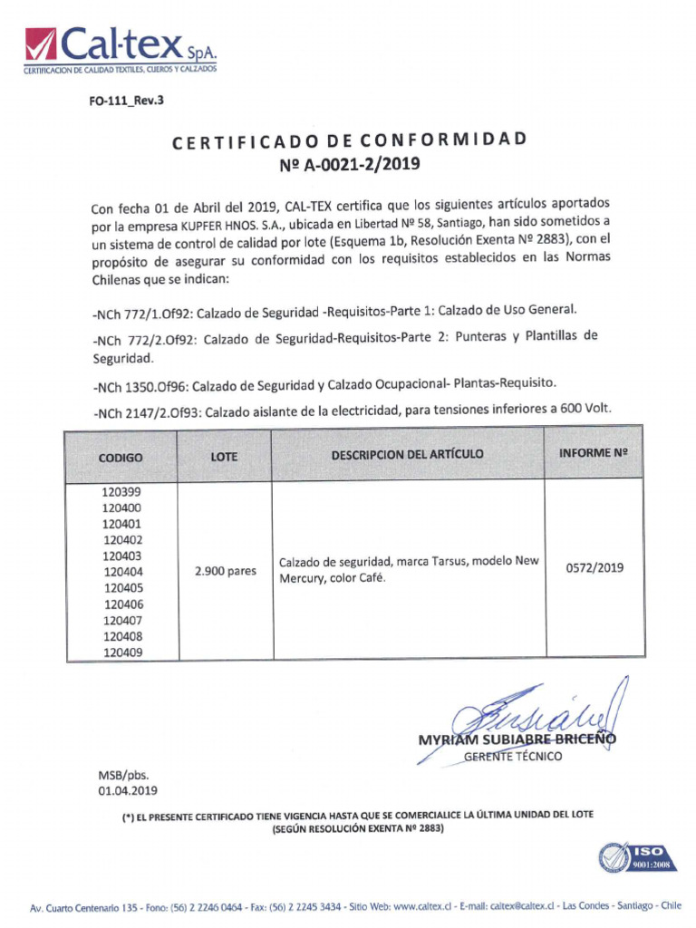 Certificado Calidad Botin Tarsus New Mercury 120399 1 | PDF