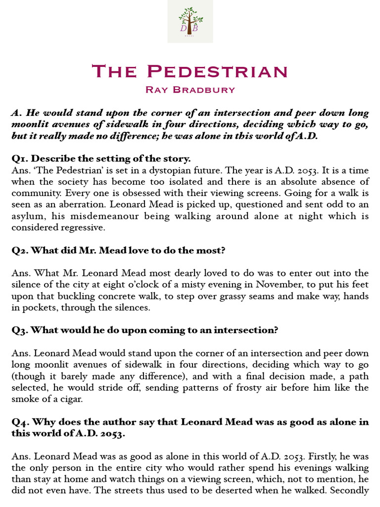 The Pedestrian by Ray Bradbury - Q & A | PDF