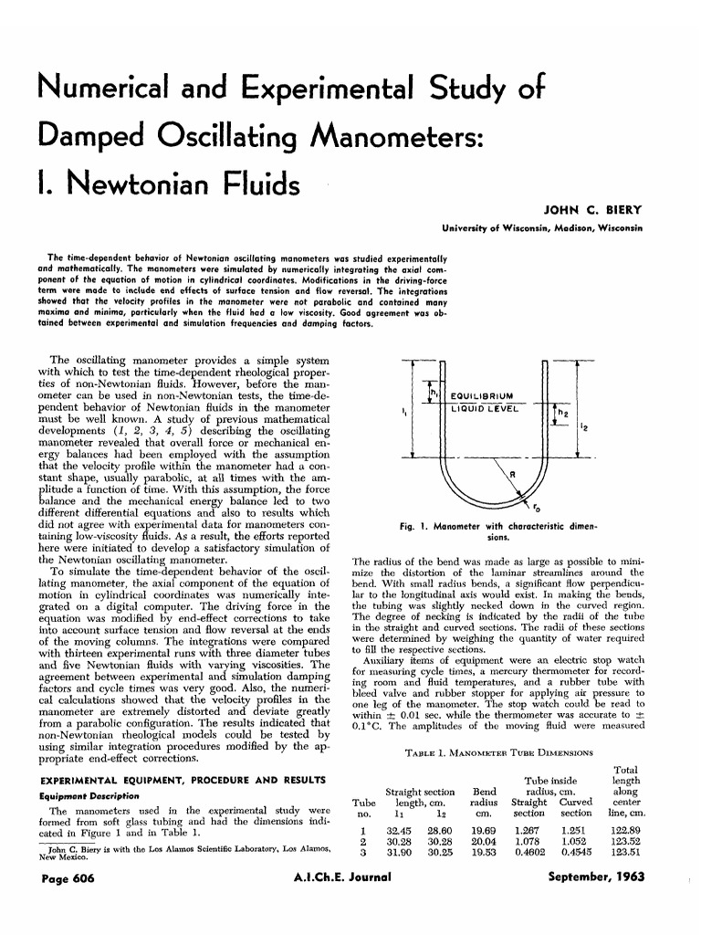 Numerical and Experimental Study of Damped Oscillating Manometers - I. Newtonian Fluids (AIChE ...