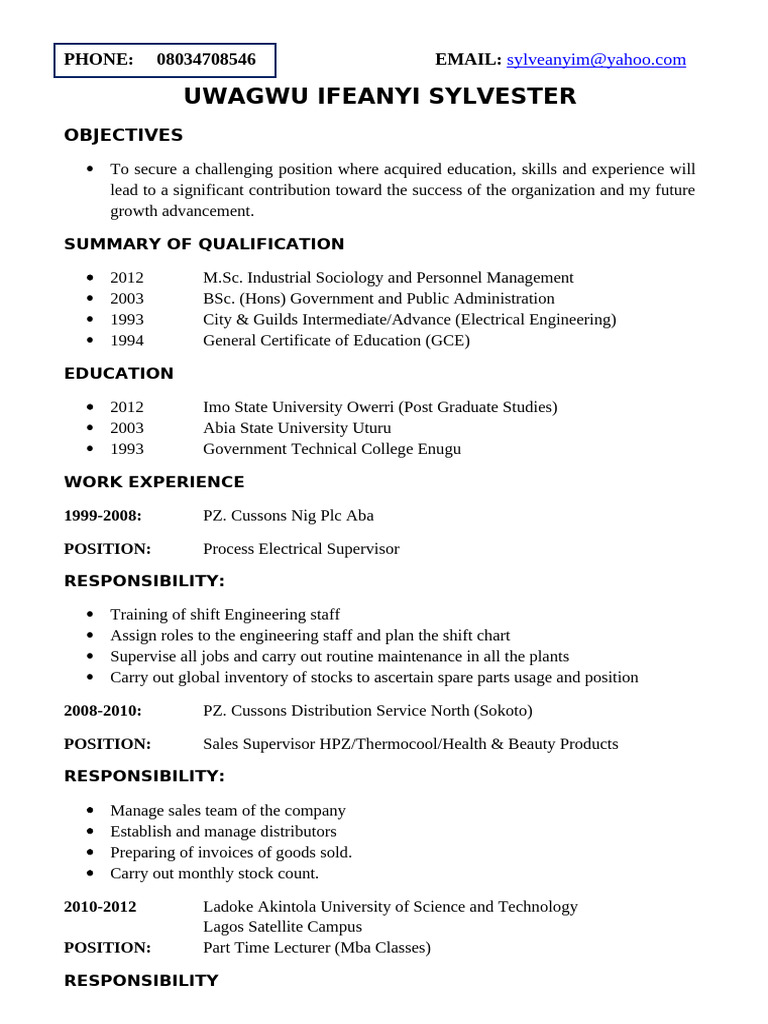 Uwagwu Ifeanyi Sylvester CV | PDF | Business