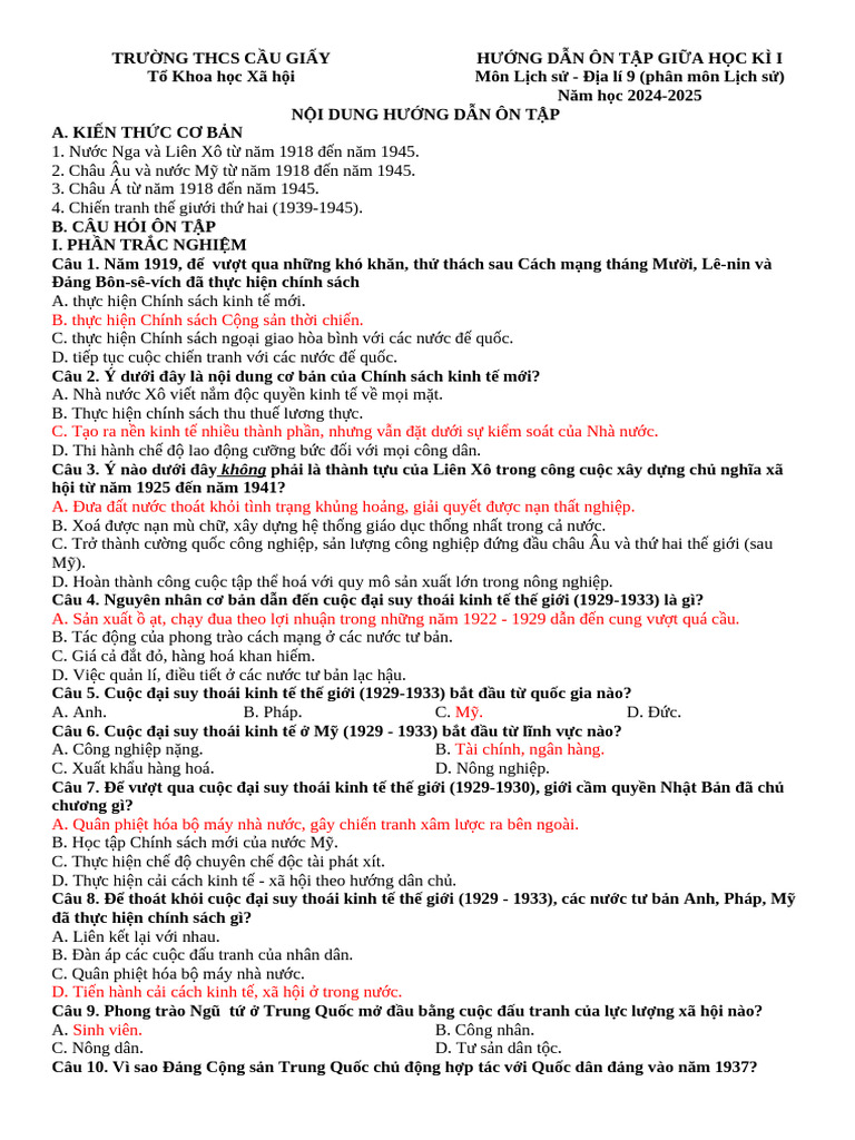 ĐỀ CƯƠNG ÔN TẬP GKI - LS9 | PDF