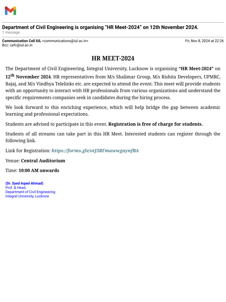 Gmail - Department of Civil Engineering Is Organising "HR Meet-2024" On ...