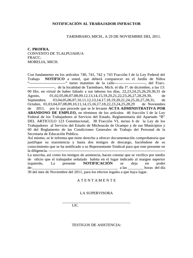 3.-Notificación Al Trabajador Infractor | PDF | Justicia | Crimen y ...