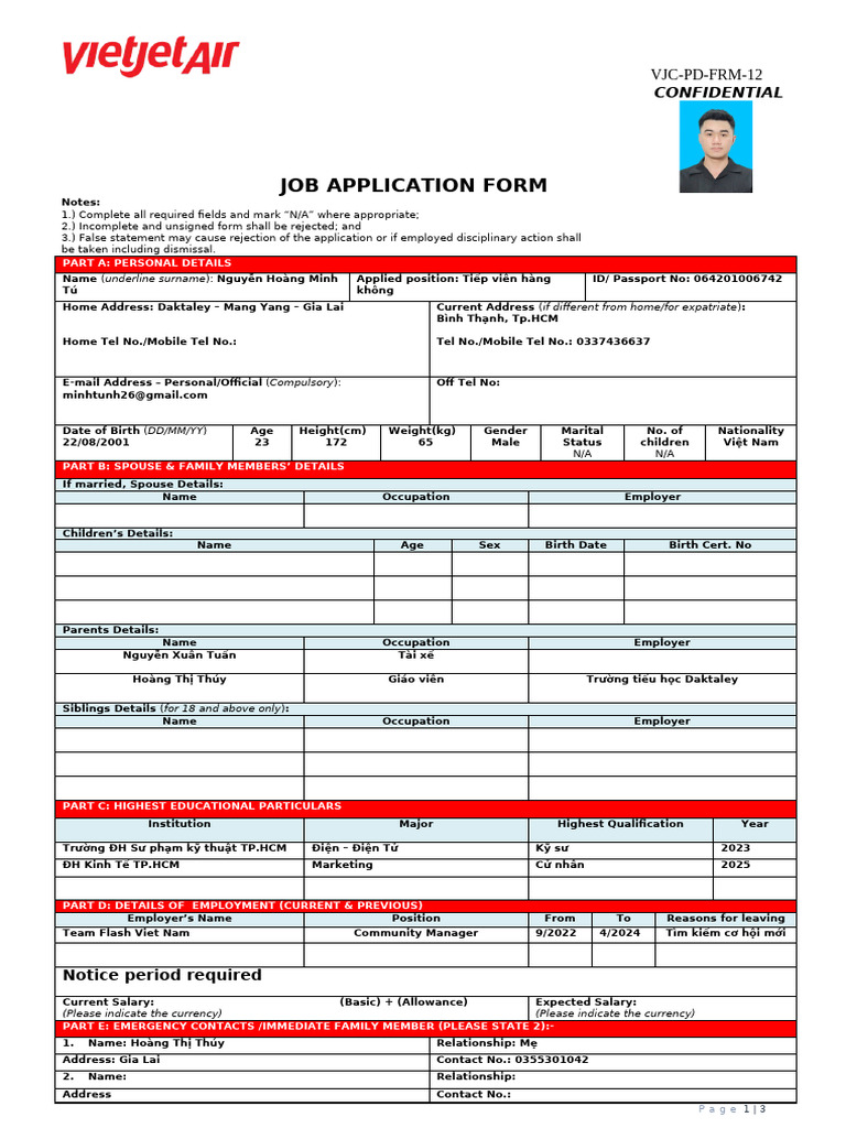 VJC-PD-FRM-12 Form Job Application - 058 | PDF | Vietnam
