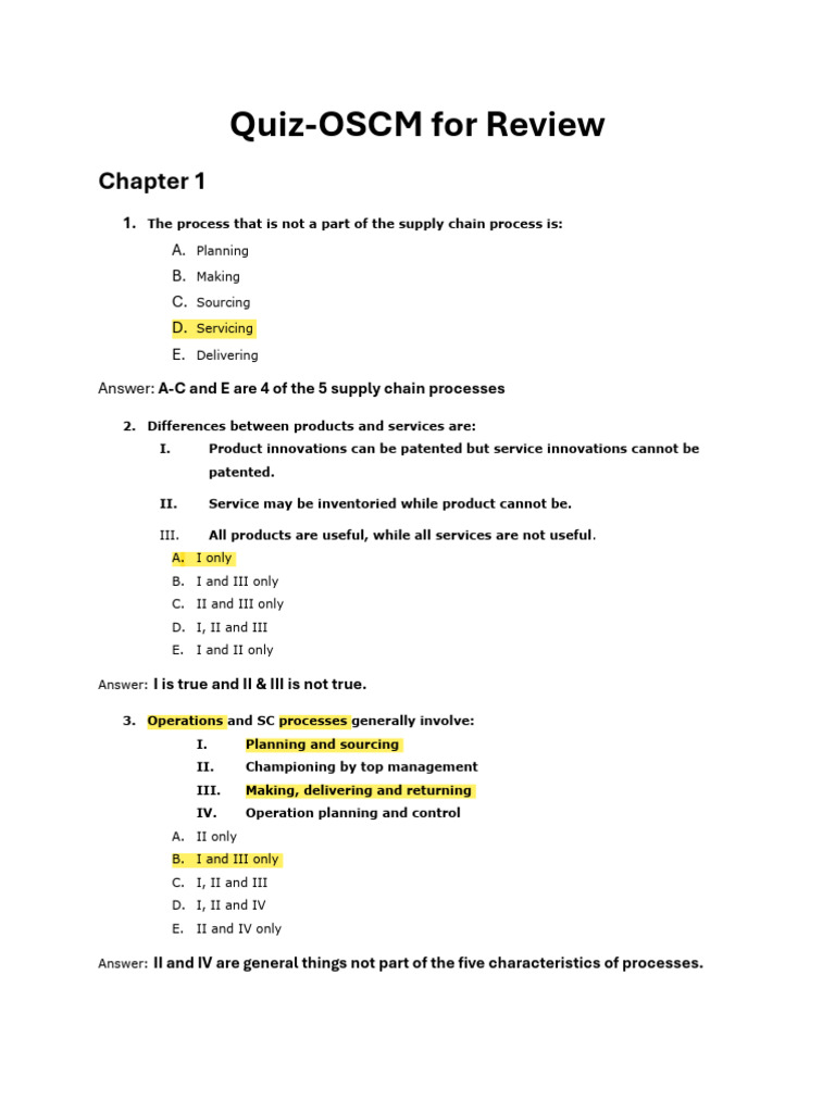 Operations & SCM Quiz Review | PDF | Lean Manufacturing | Inventory