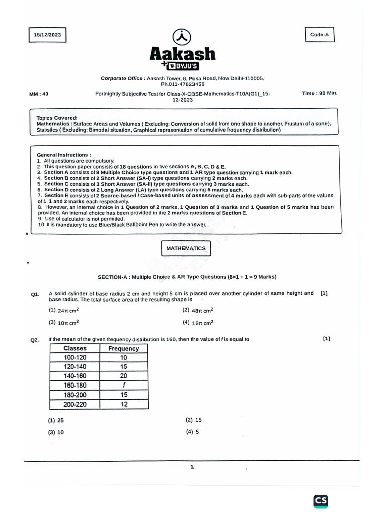 10 FST Maths Code A | PDF