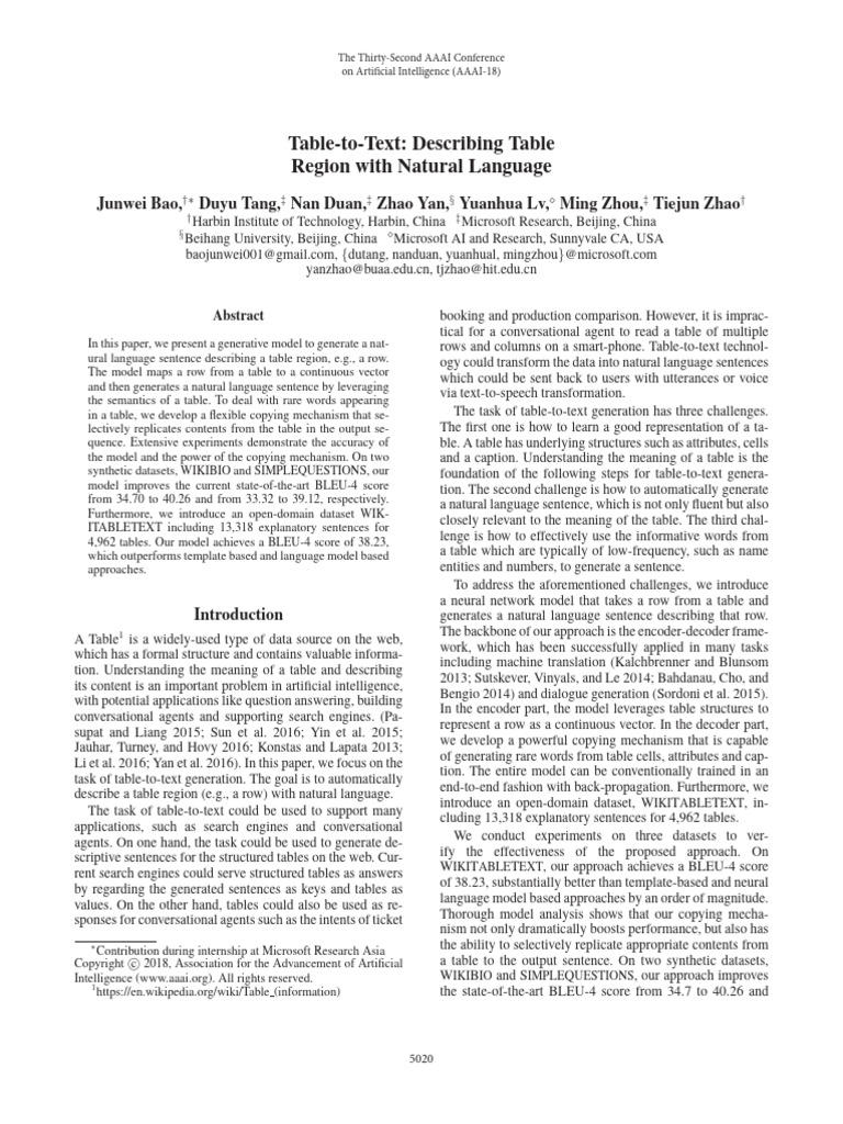 Bao, J., Et Al. (2018) - Table-To-Text - Describing Table Region With ...