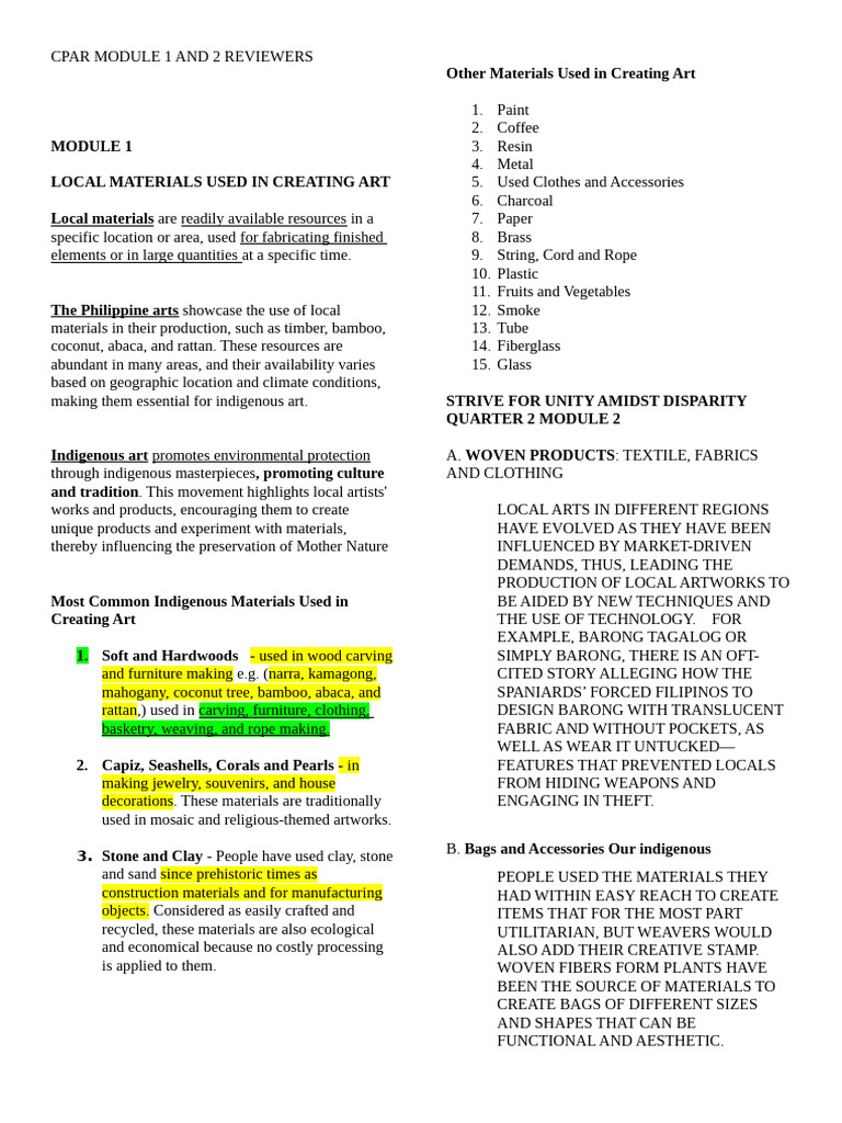 Cpar QR2 Mod1-2 Reviewer | PDF | Weaving | Textiles