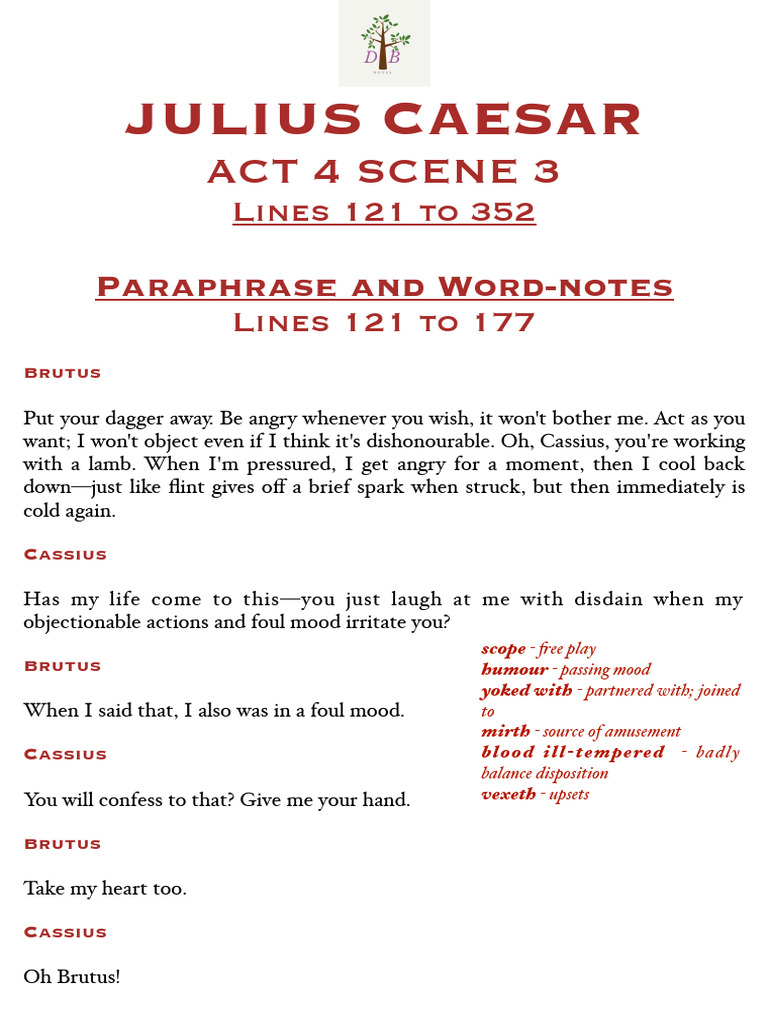 JULIUS CAESAR ACT 4 SCENE 3 Lines 121 To 352 - Paraphrase + Q-A | PDF ...