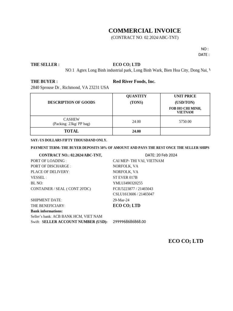 Commercial Invoice for Cashew Shipment | PDF