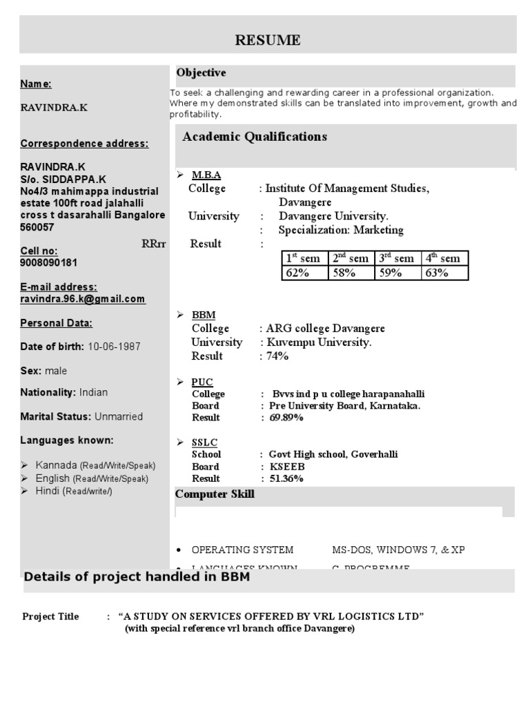 Mba Fresher Resume