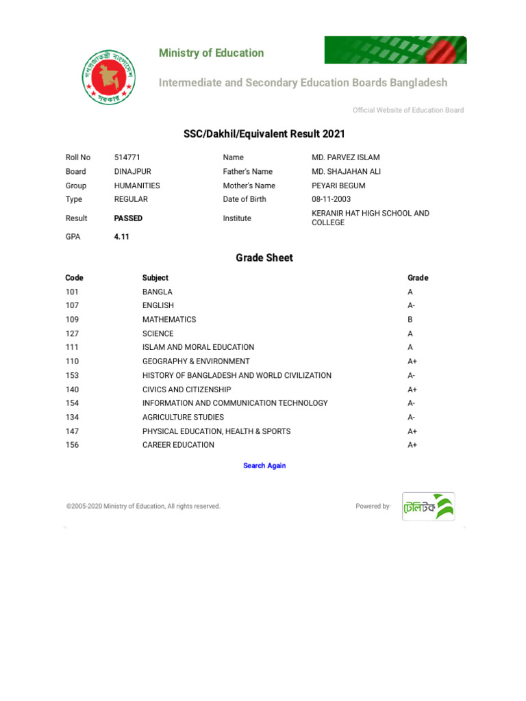 SSC Mark Sheet | PDF | Educational Stages