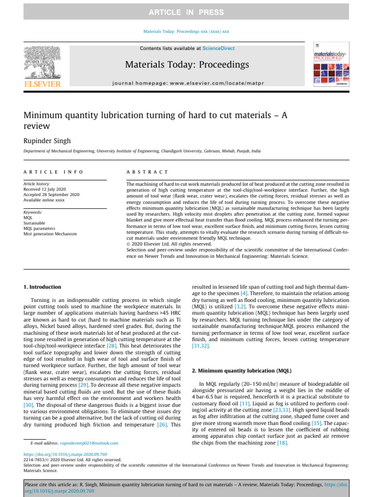 MQL Turning of Hard To Cut Material | PDF | Aerosol | Liquids