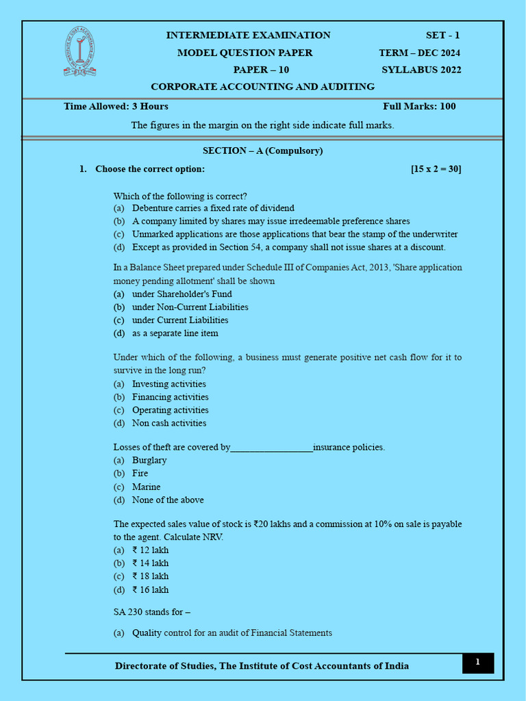 MQP Paper10 Set1 Dec24 | PDF | Audit | Goodwill (Accounting)