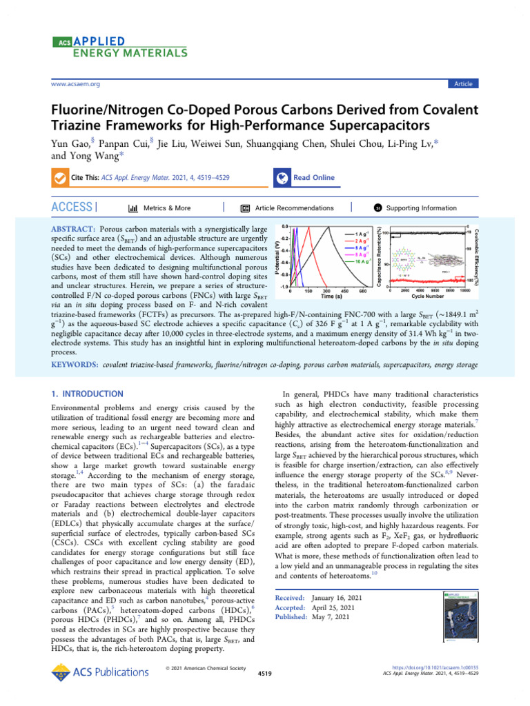 Fluorine Nitrogen Co-Doped Porous Carbons Derived From CTF For Supercapacitors | PDF | Materials ...