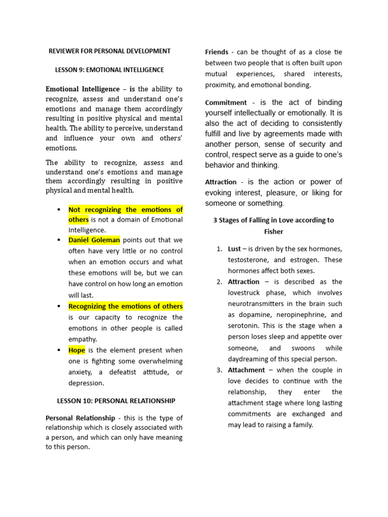 Reviewer For Personal Development 2ND Quarter | PDF | Family | Emotions