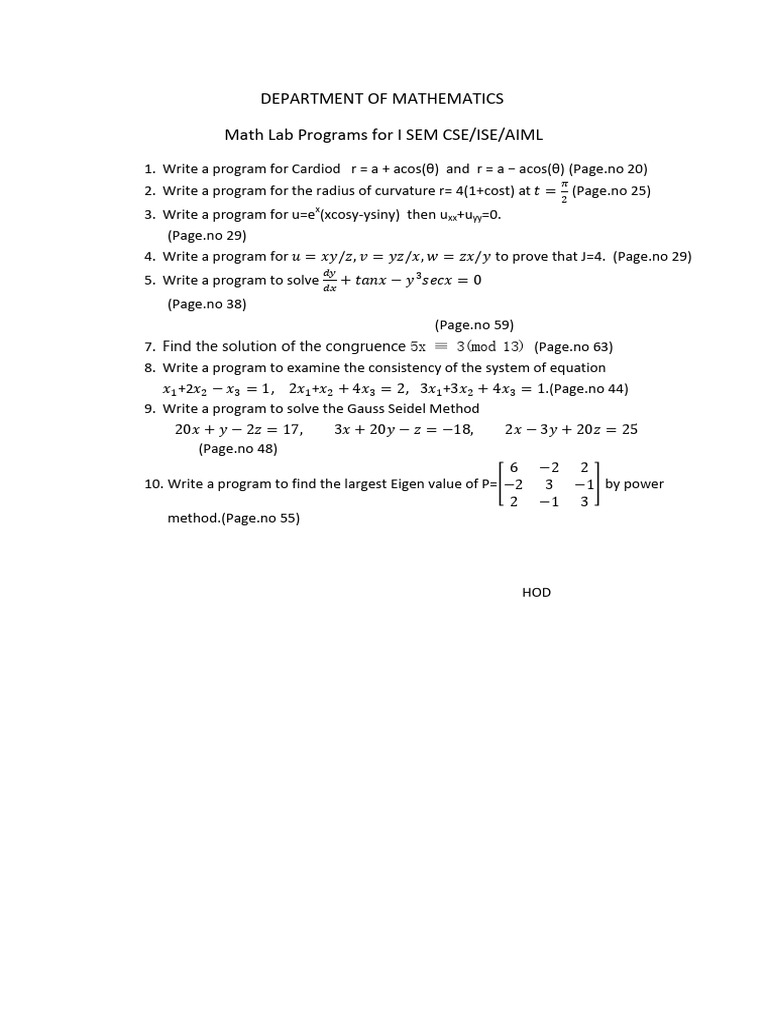 Math Lab Programs for I SEM Courses | PDF | Geometry | Geometric Shapes