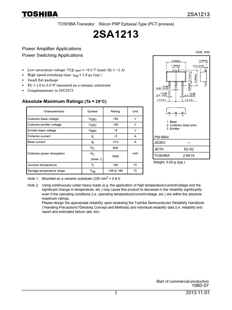 2SA1213 Toshiba | PDF | Reliability Engineering | Bipolar Junction Transistor