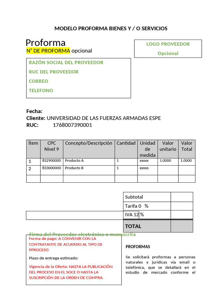 Formato Proforma Espe | PDF | Business | Economias