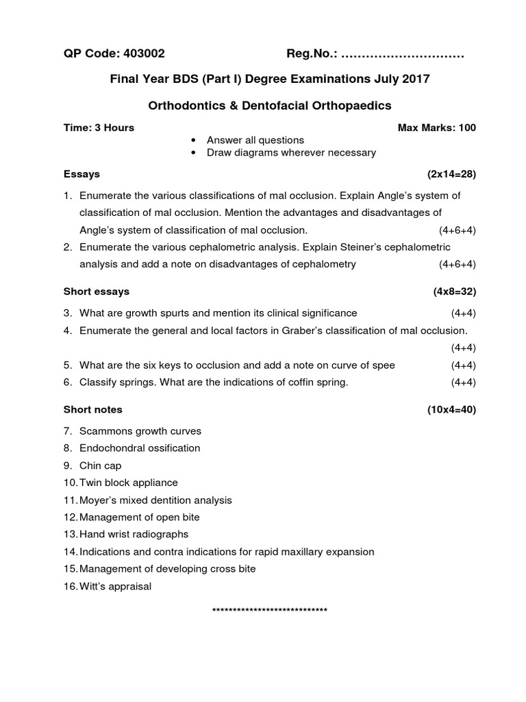QP Code: 403002 Reg - No.: Final Year BDS (Part I) Degree Examinations ...