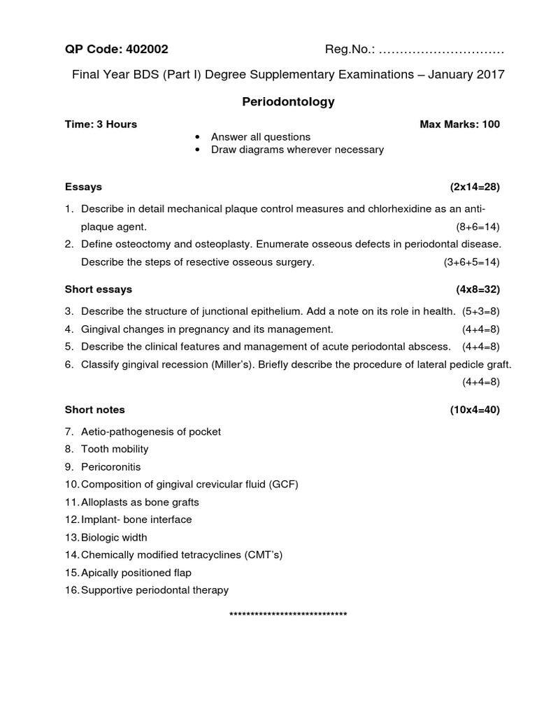 Reg - No.: Final Year BDS (Part I) Degree Supplementary Examinations - January 2017 | PDF ...