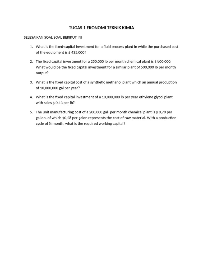 Tugas 1 Ekonomi Teknik Kimia | PDF | Technology & Engineering