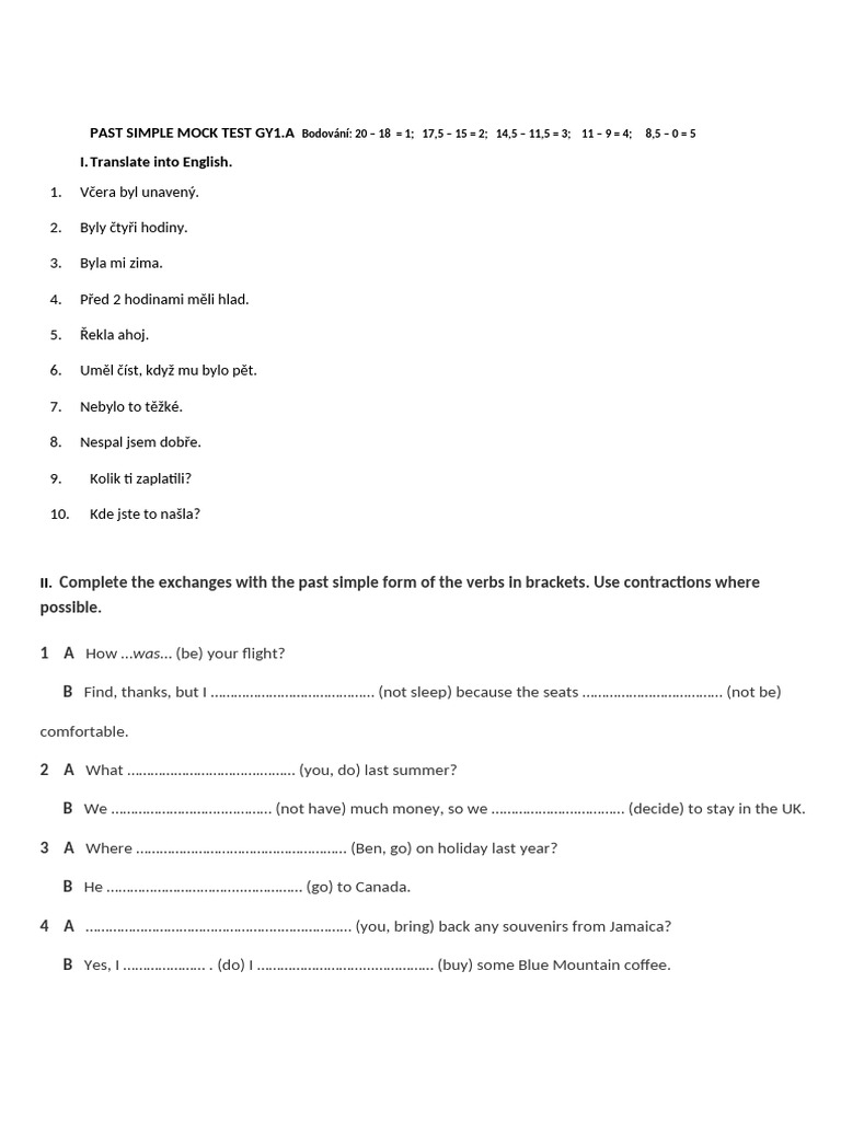Past Simple Mock Test Gy1 | PDF