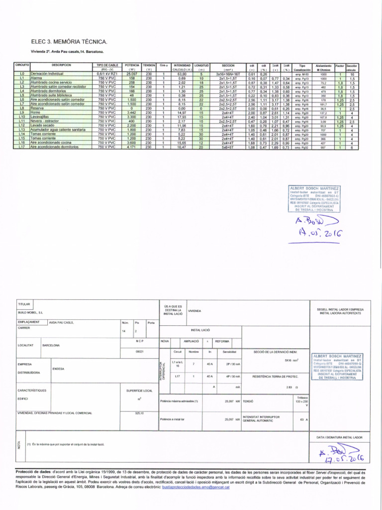 ELEC 3. Memória Técnica Instalación Eléctrica BT | PDF