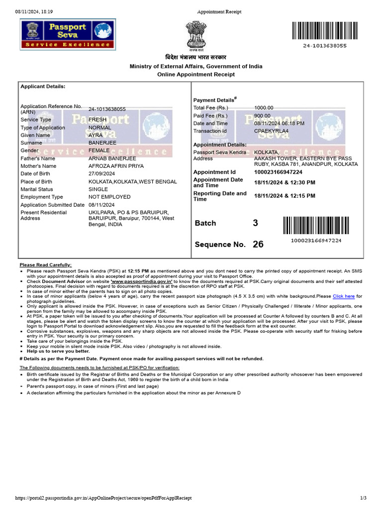 Passport Appointment Receipt for Ayra Banerjee | PDF | Identity ...