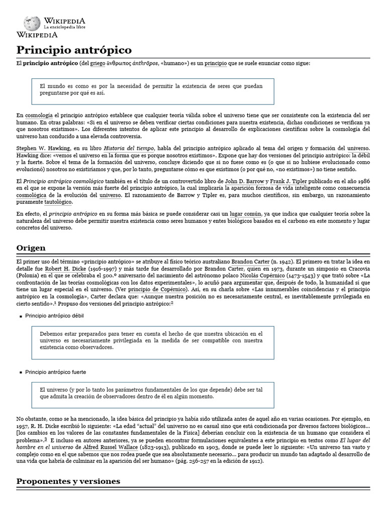 Principio Antrópico - Wikipedia, La Enciclopedia Libre | PDF | Física ...