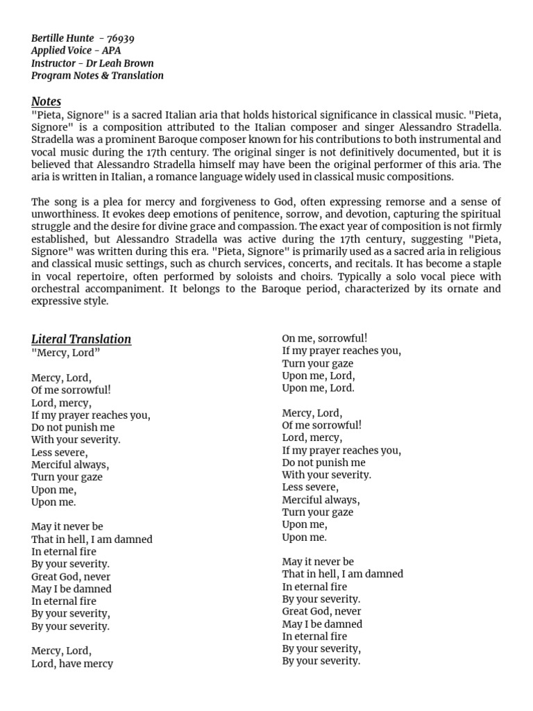 Baroque Aria: Pieta, Signore | PDF | Mercy | Classical Music