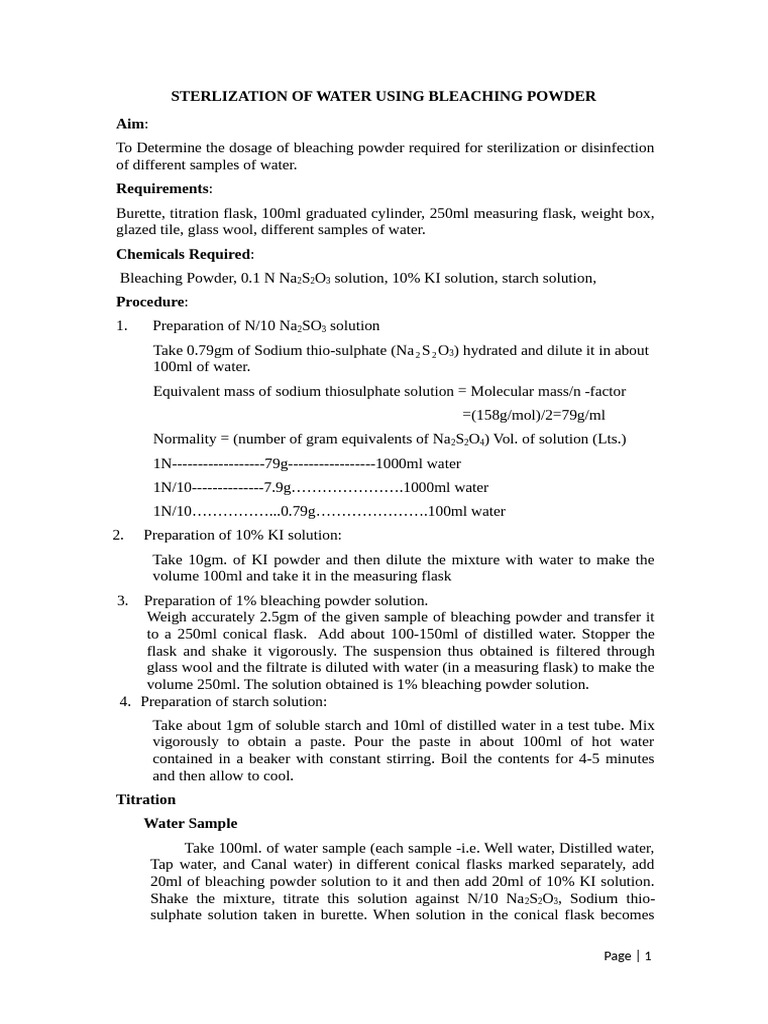 Water Sterilization with Bleaching Powder | PDF | Titration | Chemistry