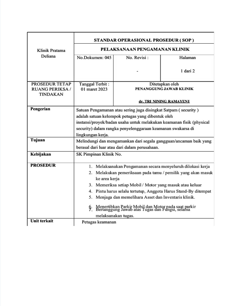 PDF Sop Pelaksanaan Pengamanan Klinik Compress 1 | PDF
