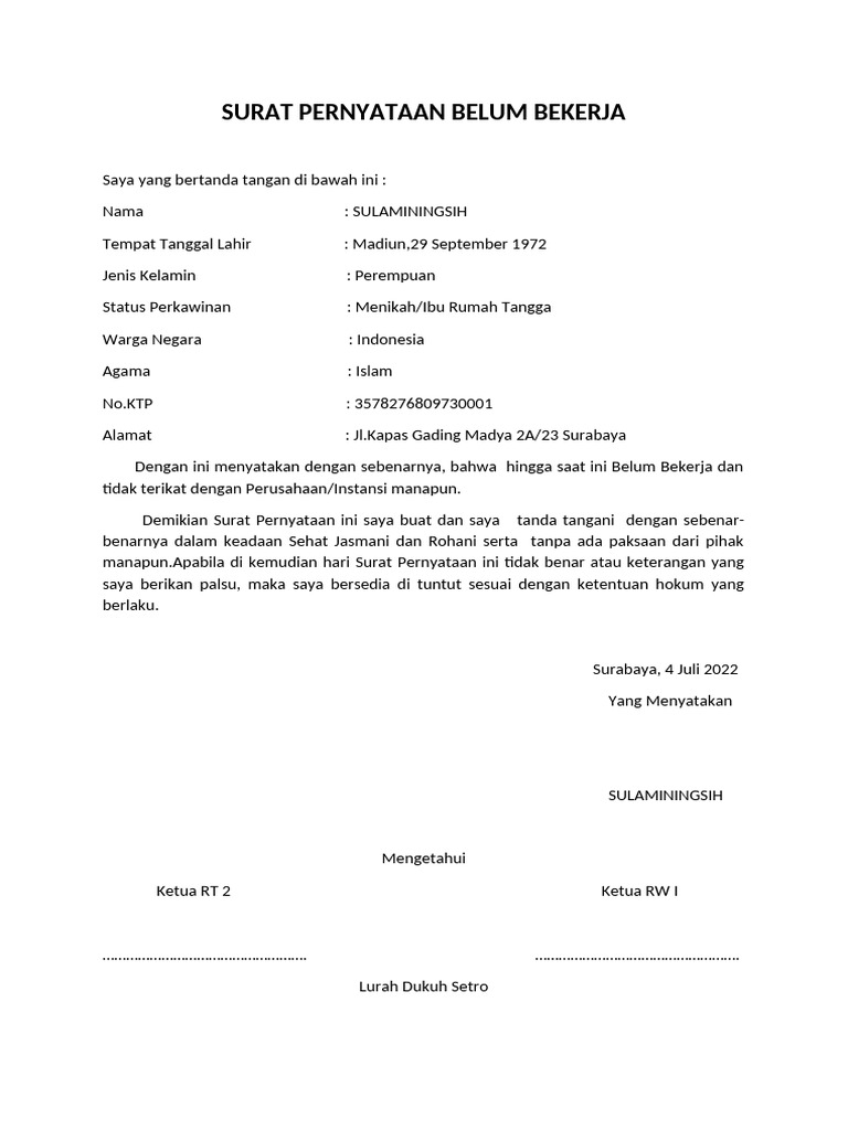Surat Pernyataan Belum Bekerja | PDF | Gaya Hidup