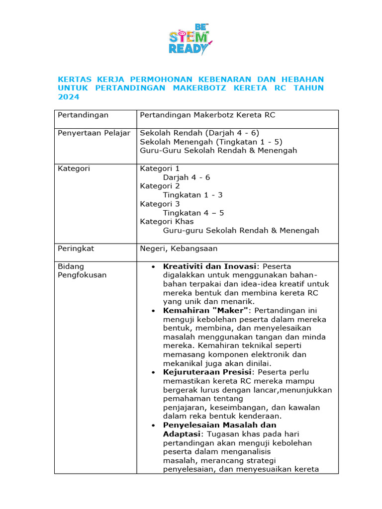 KPM - Permohonan Kebenaran Dan Hebahan Untuk Pertandingan Makerbotz Kereta RC Tahun 2024 Anjuran ...