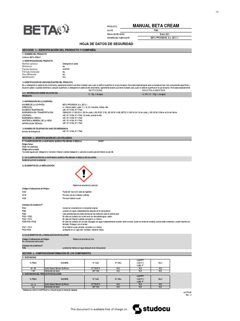 Manual de Seguridad Beta Cream | PDF | Química