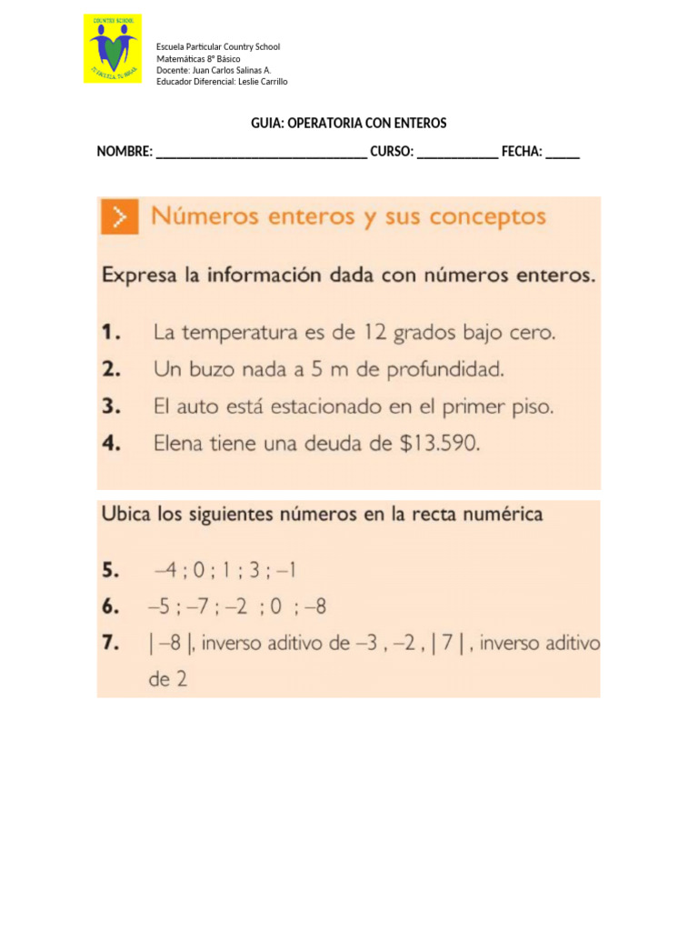 Guia Numeros Enteros 8° | PDF | Estudios de idiomas extranjeros | Salud y bienestar