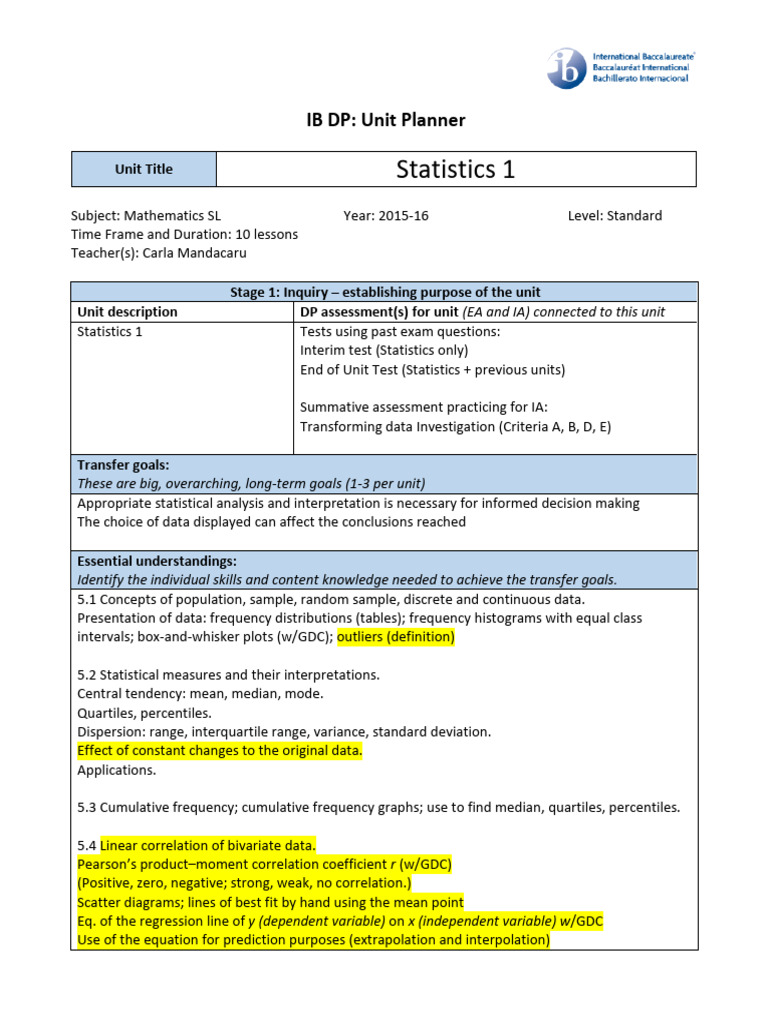Example of A Maths Unit Plan | PDF | Statistics | Quartile