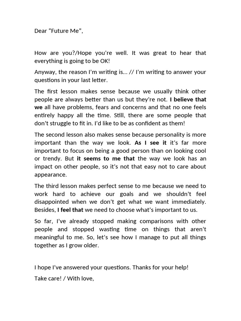 Dear Future Me - Model Letter | PDF