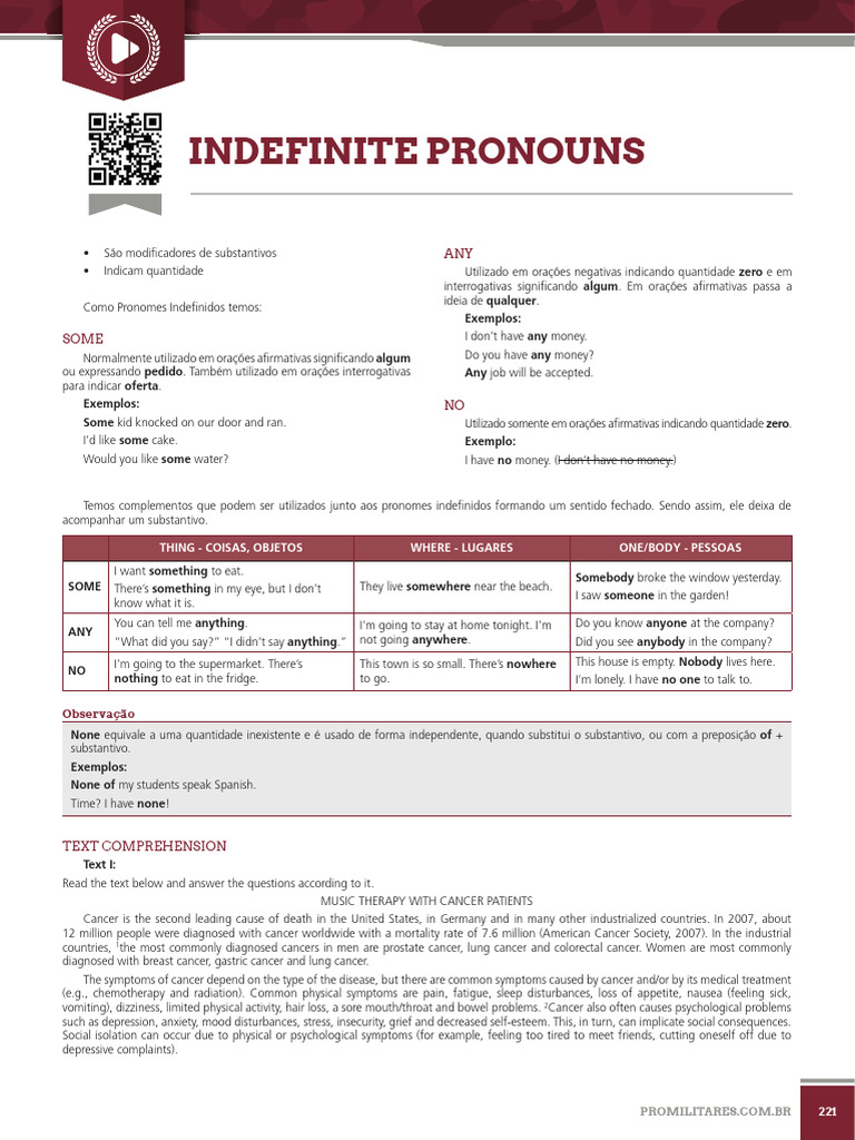 Indefinitive Pronouns | PDF | Psychotherapy | Cancer