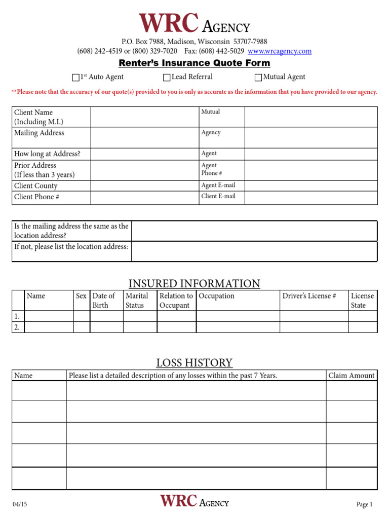 Renters Insurance Quote Form | PDF | Insurance | Deductible