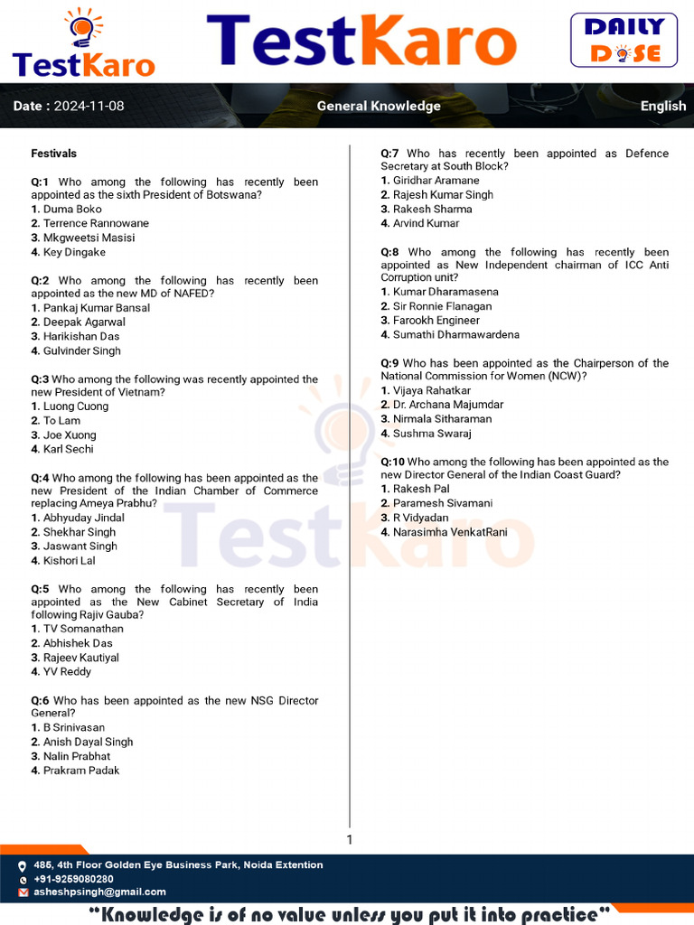 General Knowledge English 2024-11-08 Testkaro | PDF