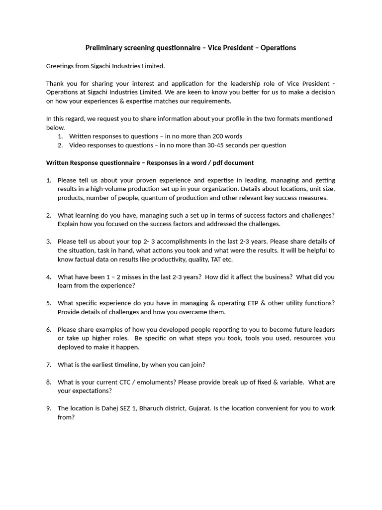 Preliminary Screening Questionnaire - VP Operations | PDF
