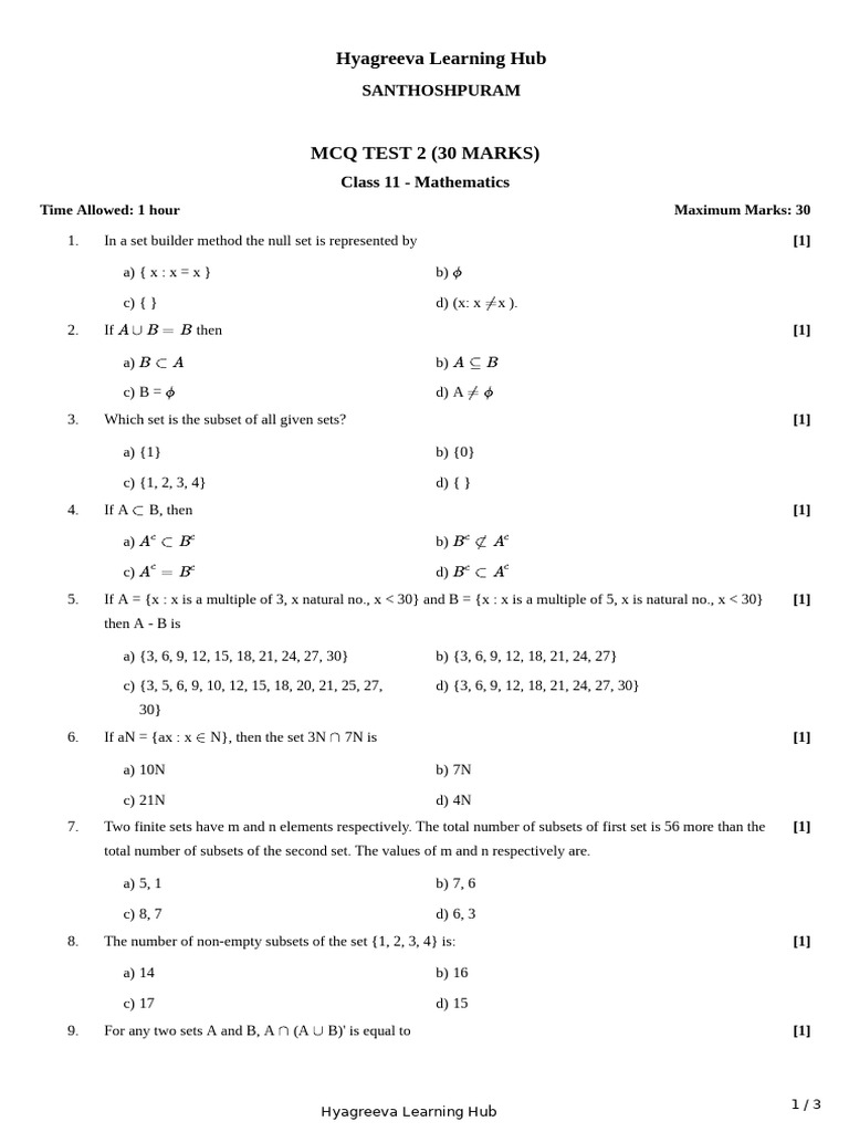 Class 11 Mathematics MCQ Test | PDF | Tests | Evaluation Methods