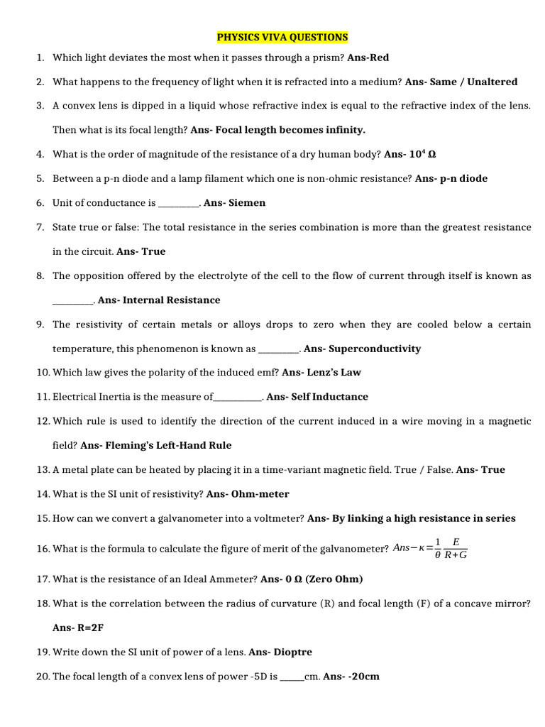 Class 12 Physics Viva Questions | PDF | Teaching Methods & Materials ...