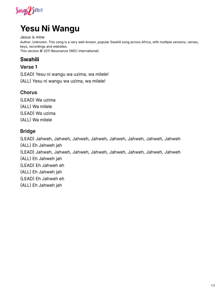 Swahili Gospel Song: Yesu Ni Wangu | PDF