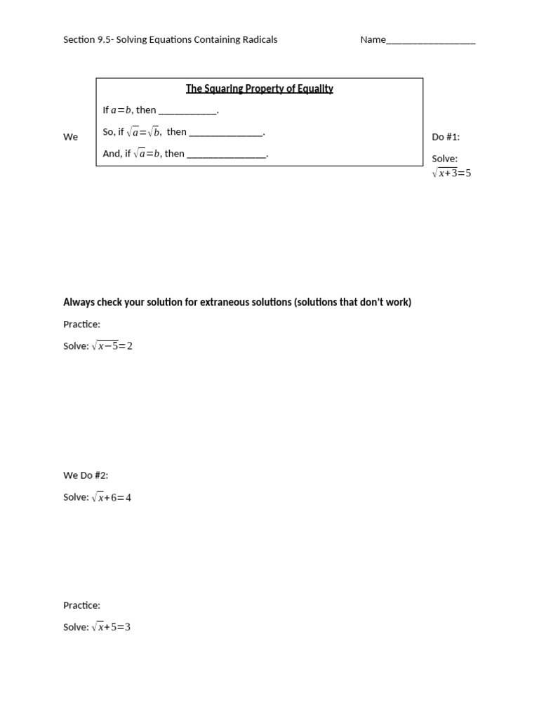 Section 9.5-Solving Equations Containing Radicals | PDF