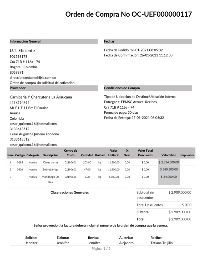Orden de Compra - OC-UEF000000117 | PDF