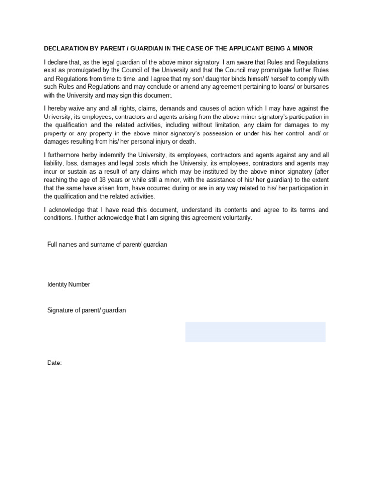 Declaration by Parent Form | PDF | Social Science | Law