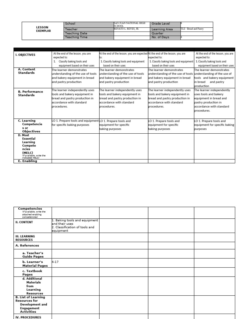 01 Week TLE 8 - Bread and Pastry Lesson Exemplar | PDF